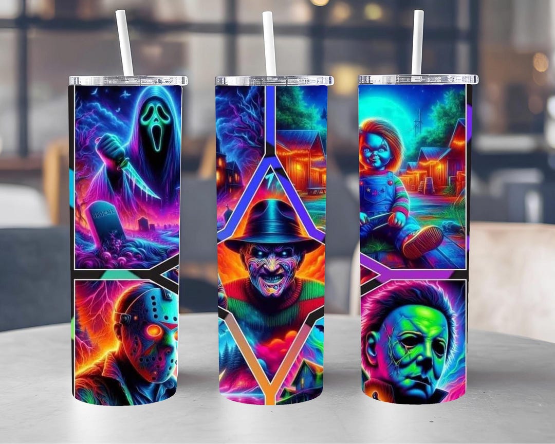 Neon Horror Icons Tumbler • Ghostface Freddy Jason Chucky Michael Myers ...