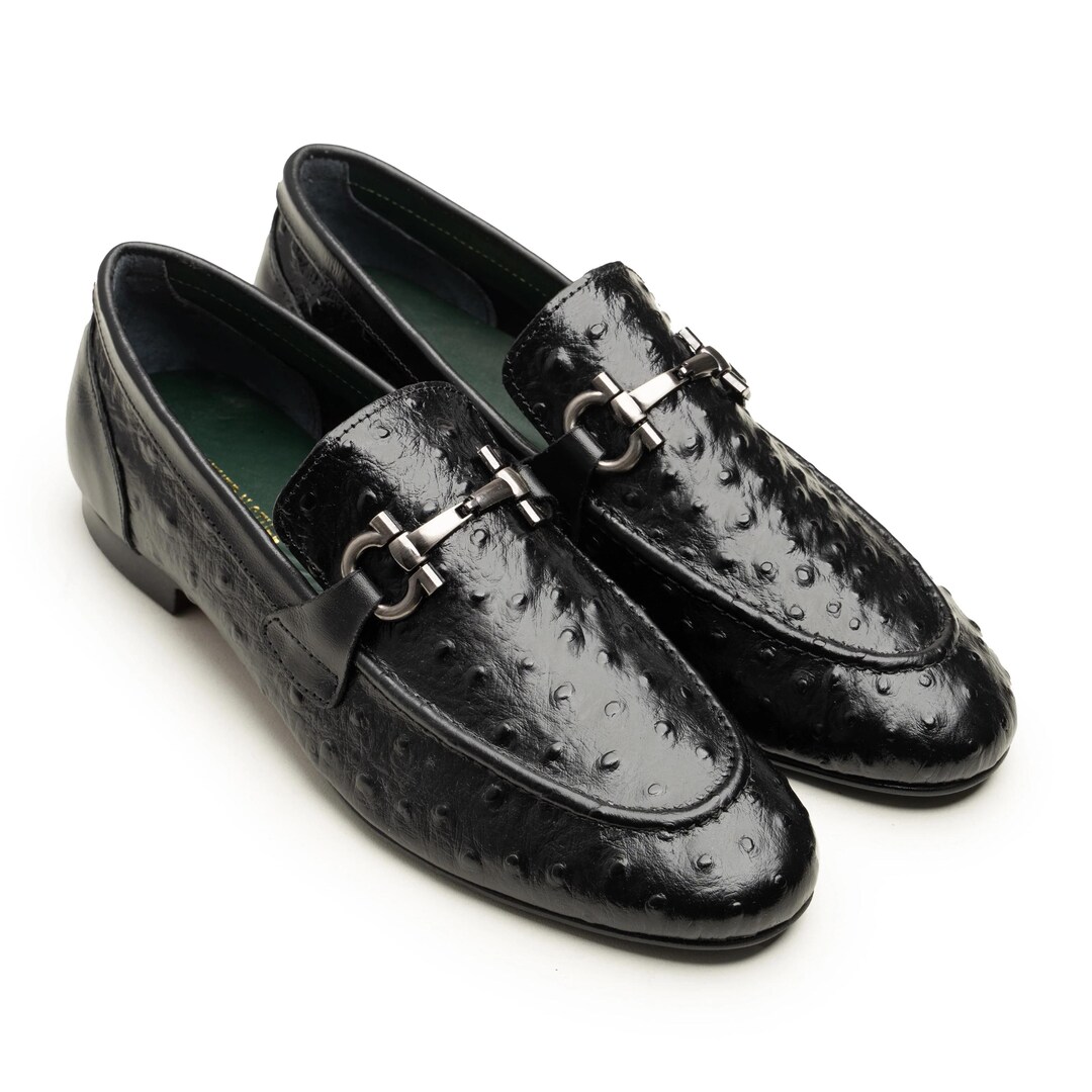 Handmade Ostrich Skin Penny Black Loafers: Exotic Two-tone Leather ...