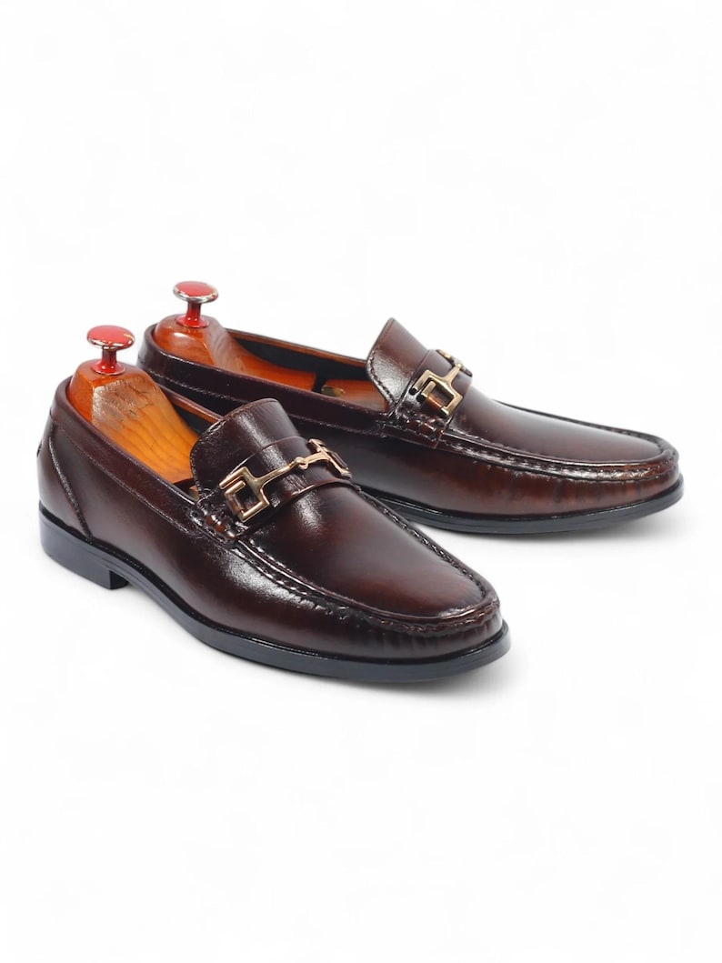 Handmade Brown Leather Loafers, Italian Calfskin, Metal Bit Detail ...
