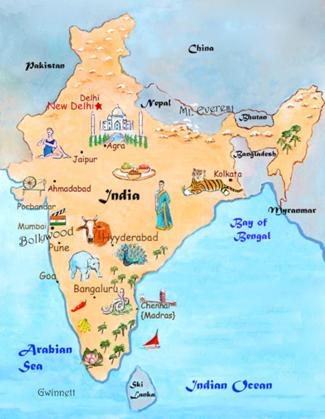 Illustrated Map Of India With Cities Etsy