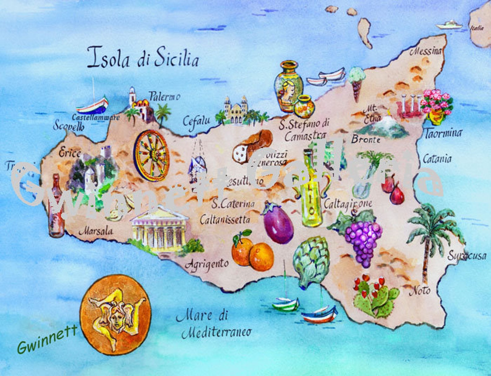 Mt. Etna Volcano Sicily - Reproduction Art Print of Watercolor Artist ...