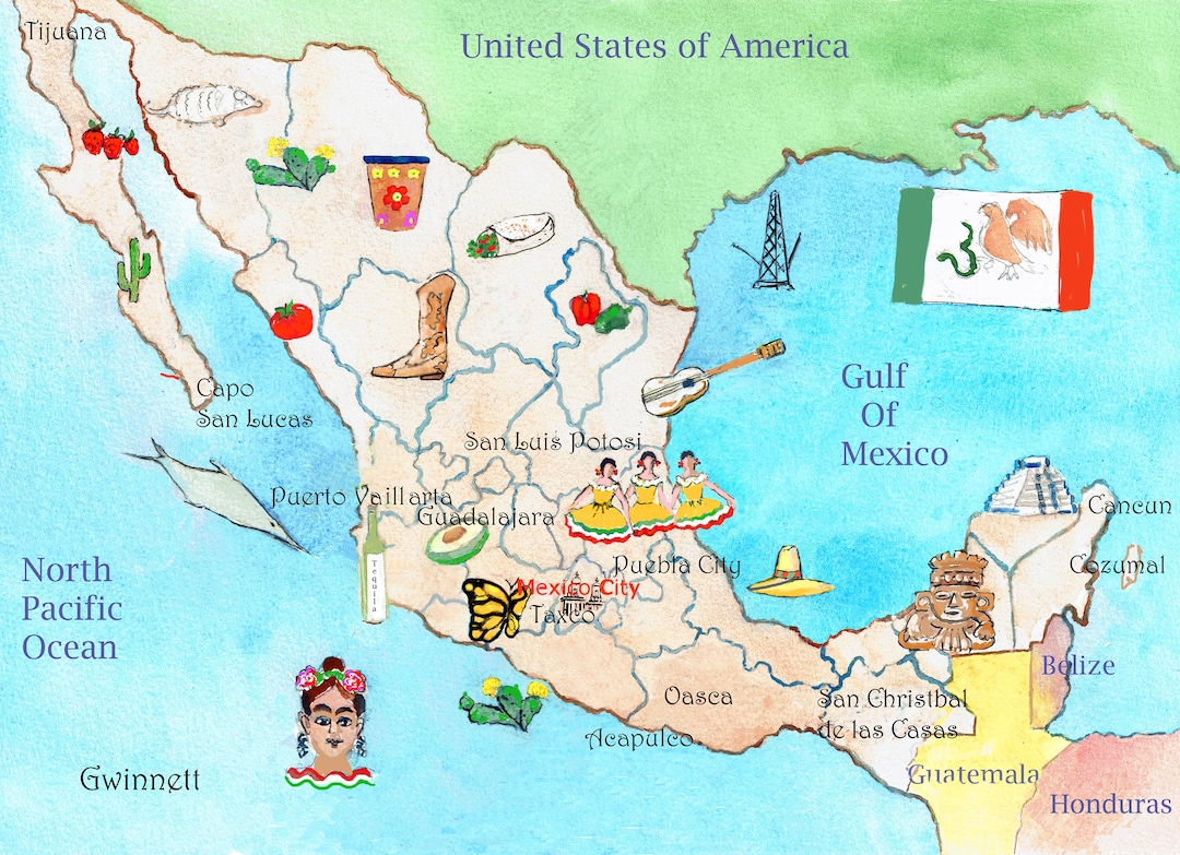 Ilustrated Map of Mexico - Etsy