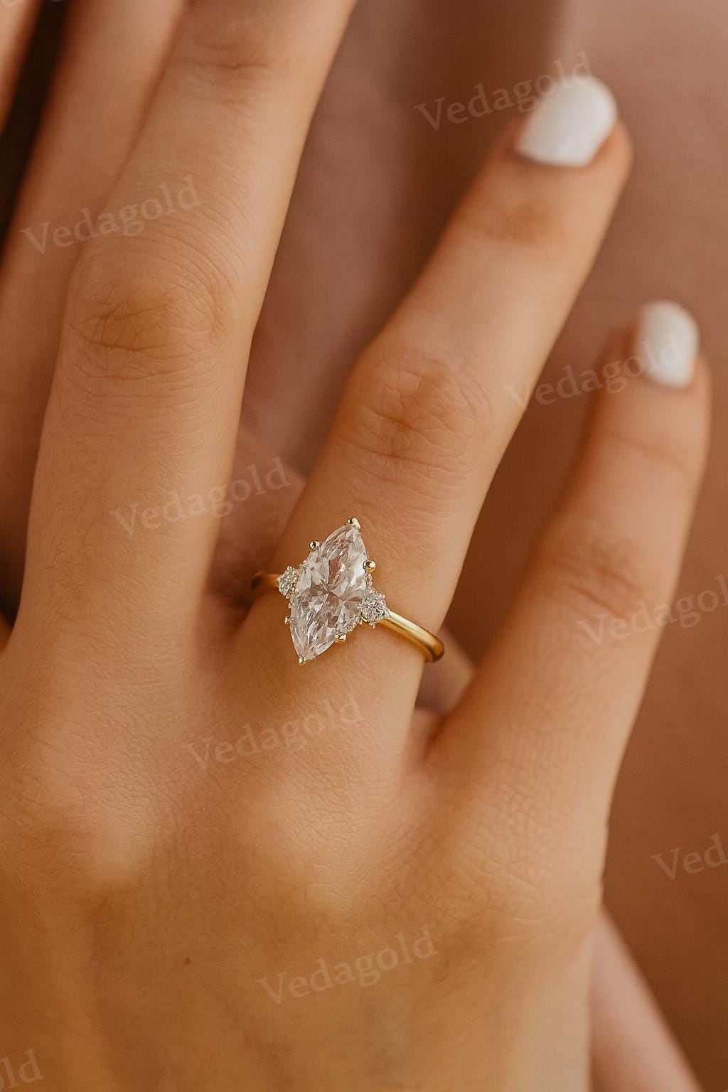 Marquise Cut Moissanite Engagement Ring Gold, Unique Solitaire Ring ...