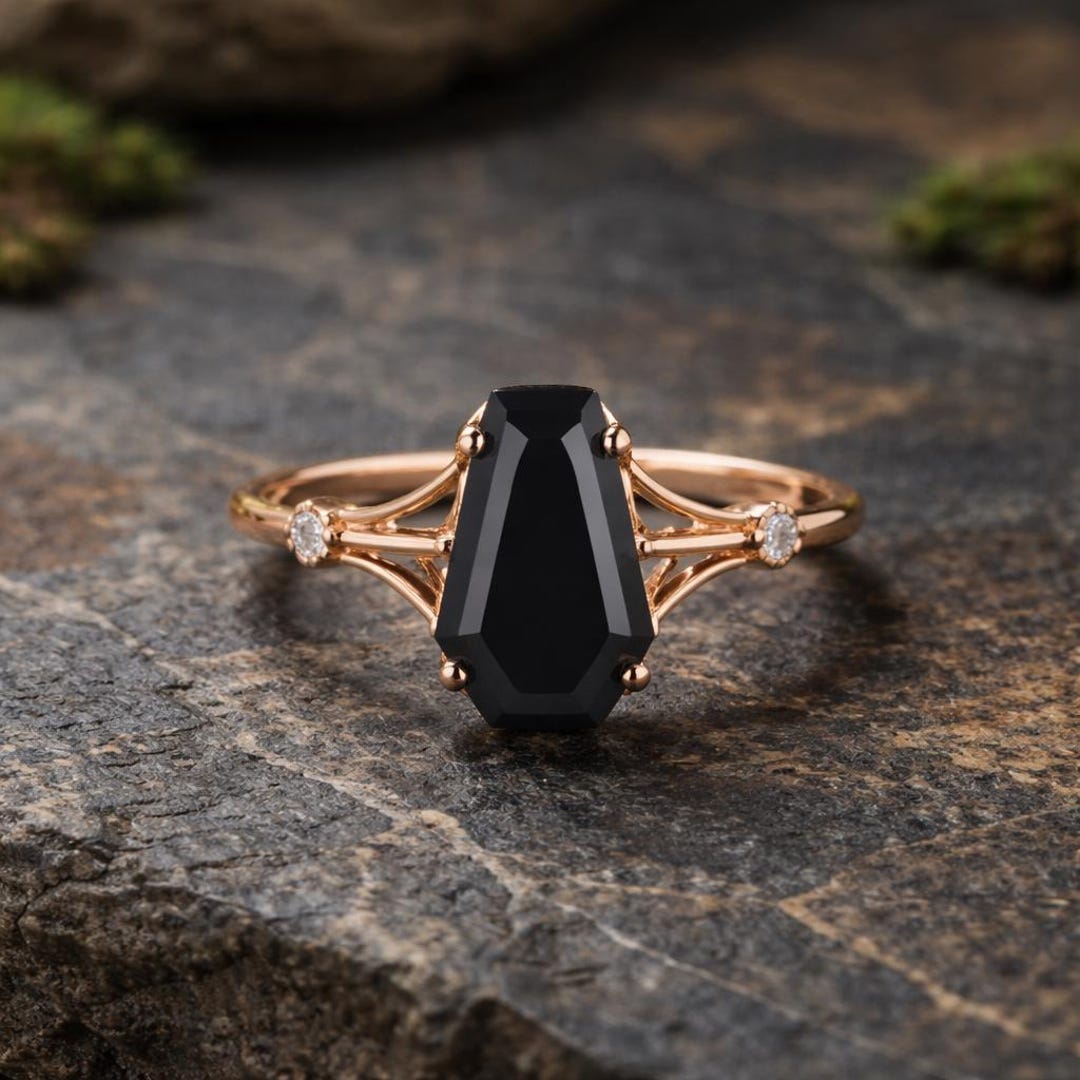 Coffin Cut Black Onyx Engagement Ring With Diamond Accents, 14K Yellow ...