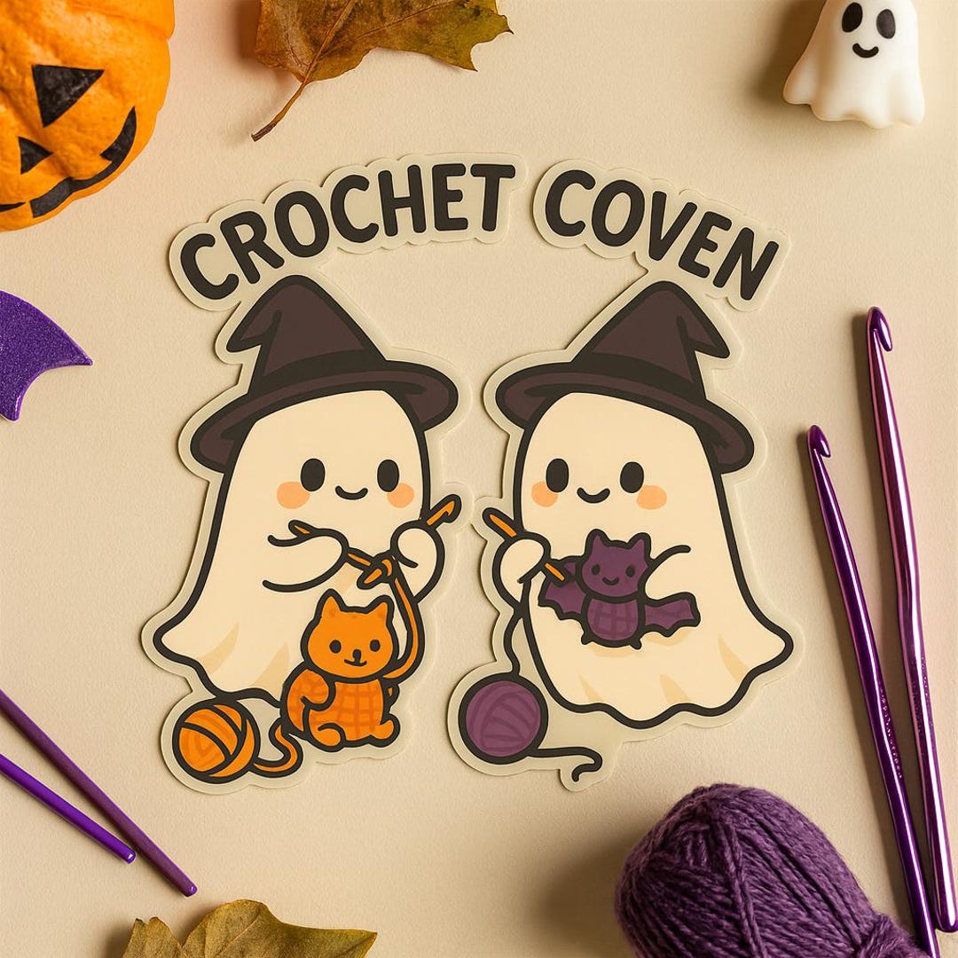 Crochet Coven Cute Ghost Sticker Witches Hat Halloween Yarn Craft ...