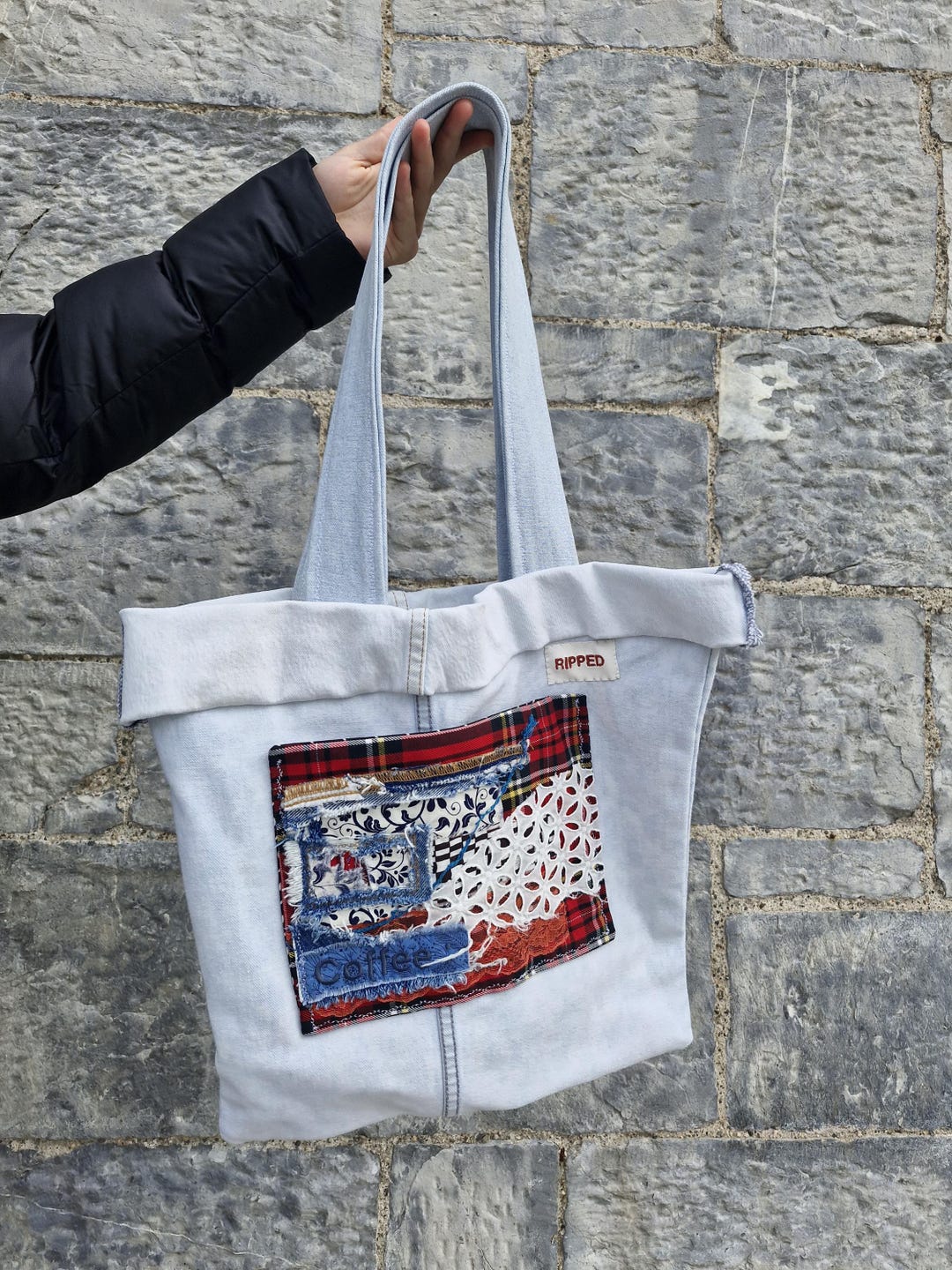 Embroidered Denim Shopper Bag – Tartan & Retro Patchwork - Etsy