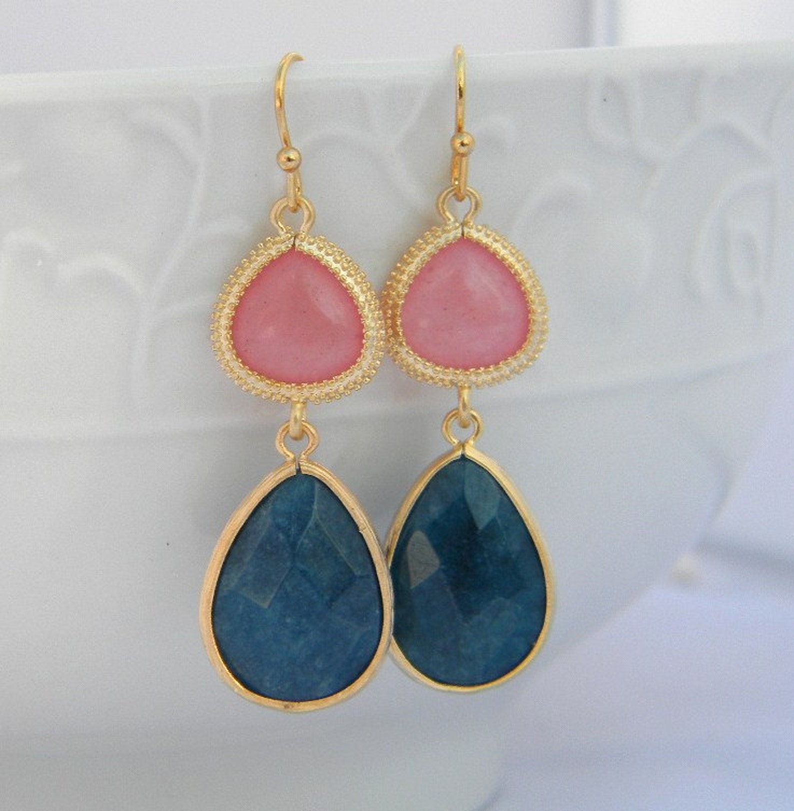 Navy Blue and Coral Dangle Earrings Trimmed in Gold-drop - Etsy