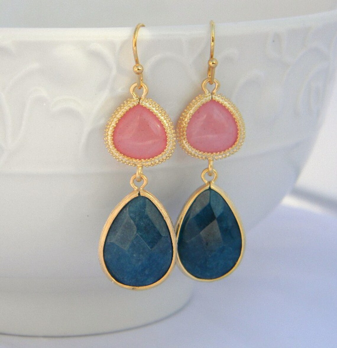 Navy Blue and Coral Dangle Earrings Trimmed in Gold-drop - Etsy