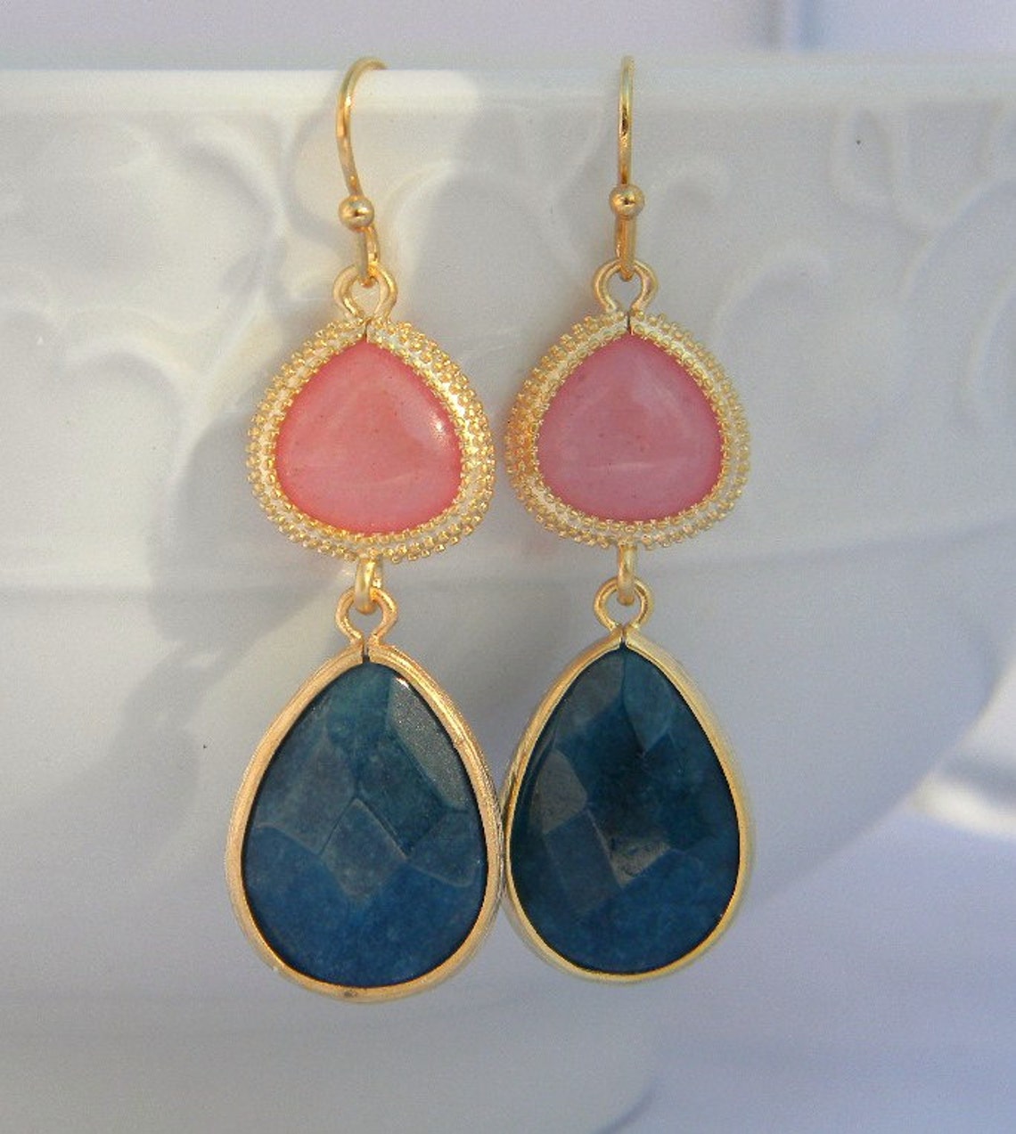 Navy Blue and Coral Dangle Earrings Trimmed in Gold-drop - Etsy