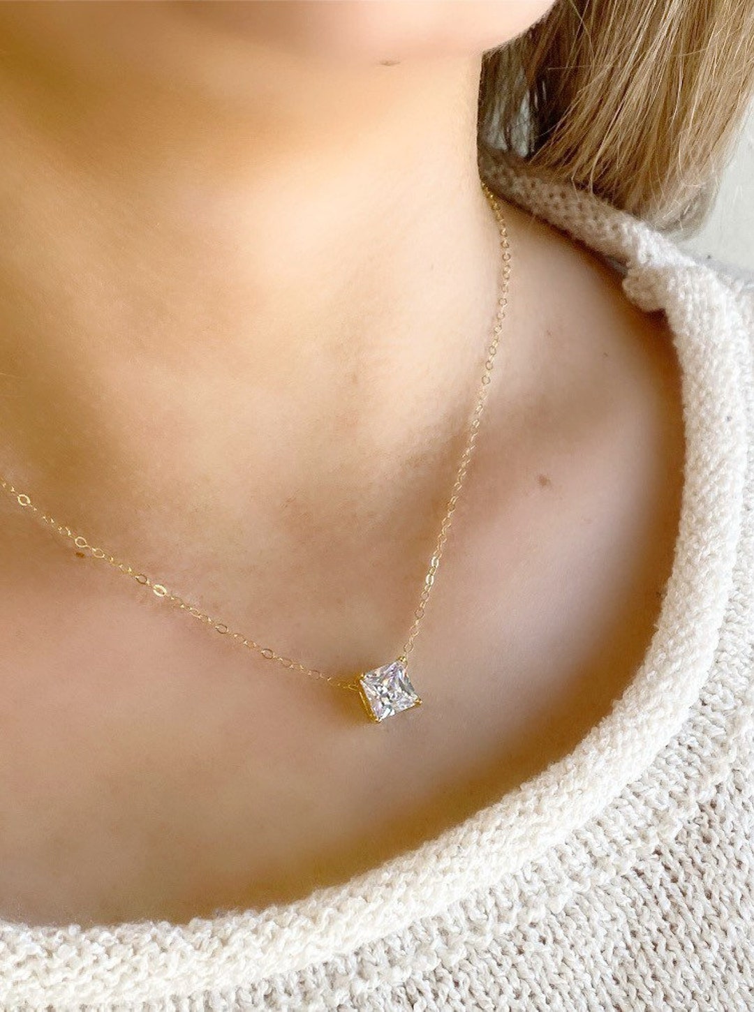 Diamond Necklace Princess Cut Diamond Necklace CZ Floating Diamond ...