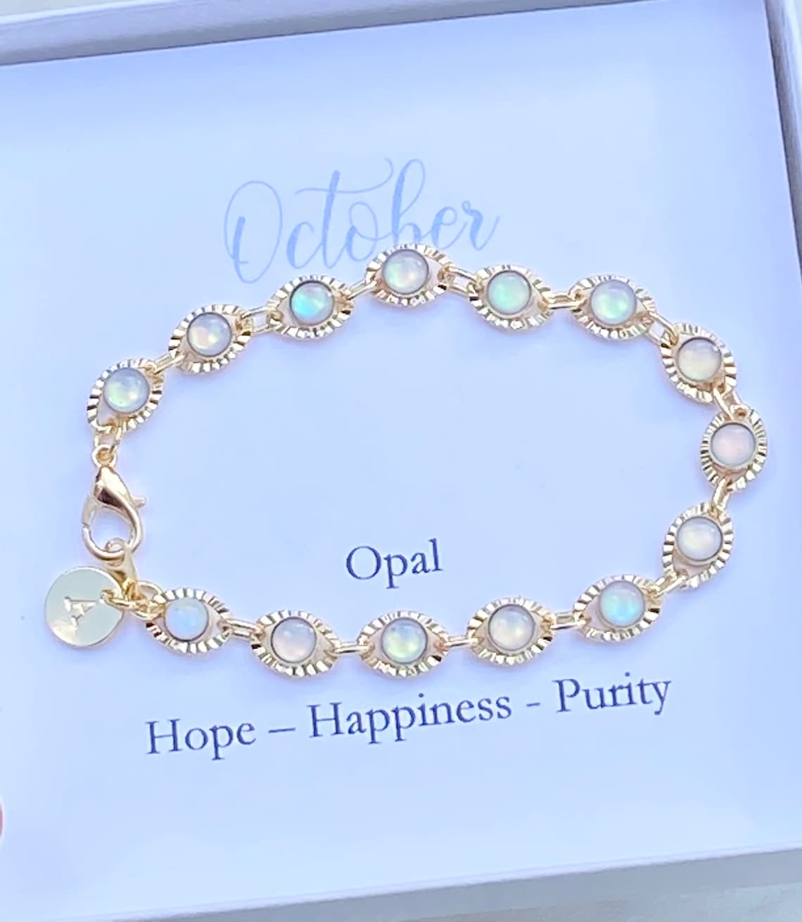 October personalized birthstone bracelet opal initial | Etsy