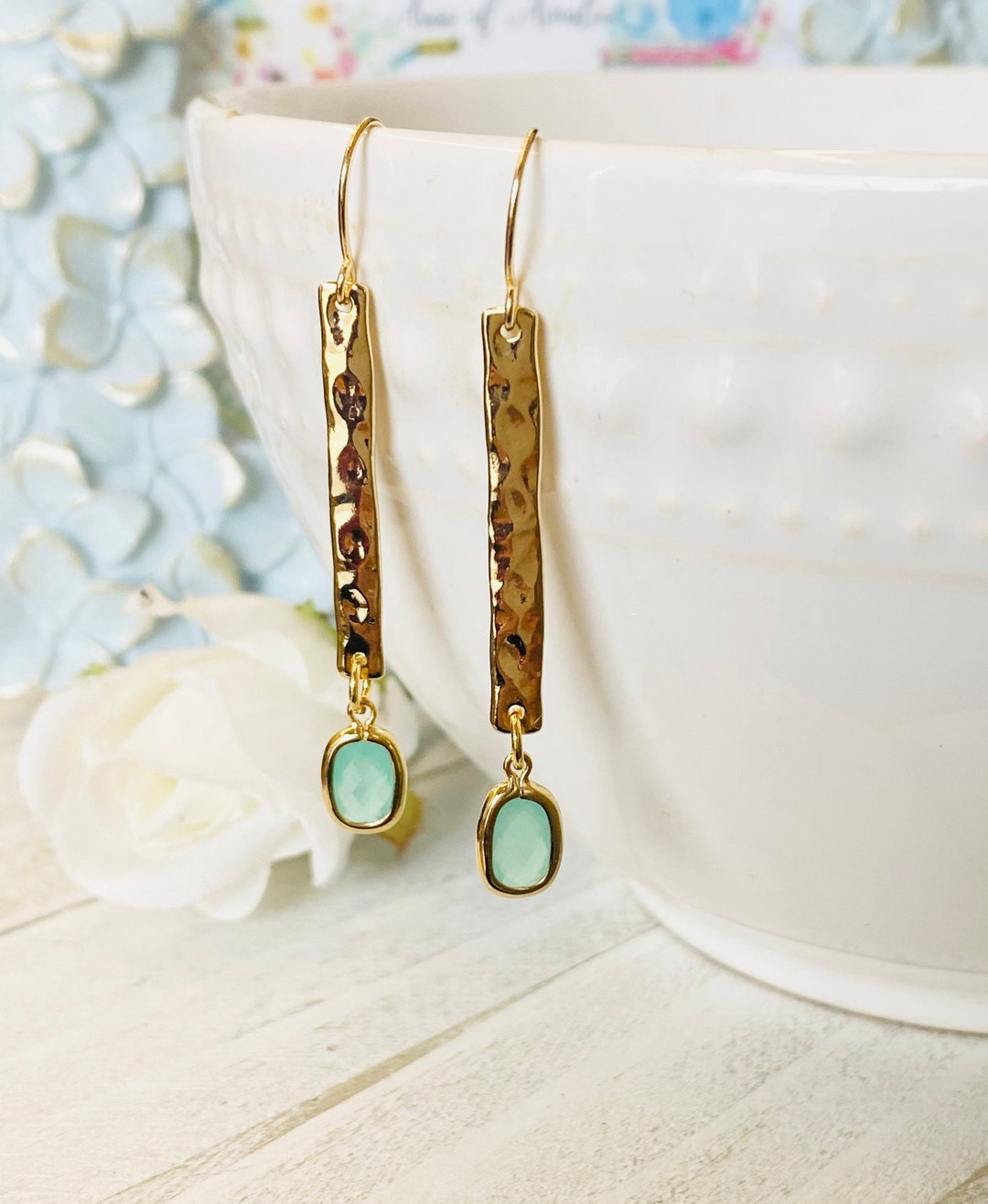 Gold Bar Dangle Earrings Hammered Gold Bar Earrings Mint and - Etsy