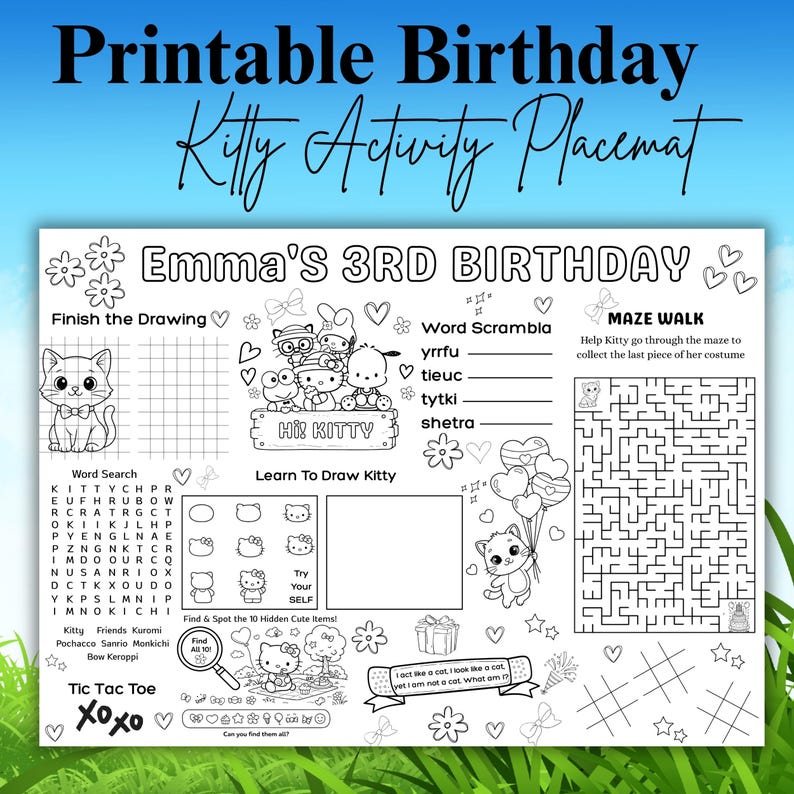 Editable Kids Activity Placemat Canva Template, Birthday Party Coloring ...