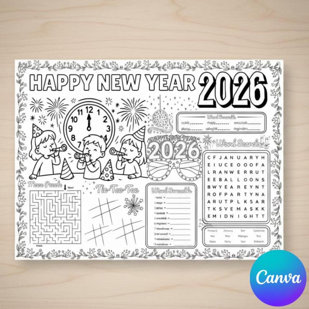 New Year 2026 Kids Activity Sheet | Printable Word Search, Maze, Word ...