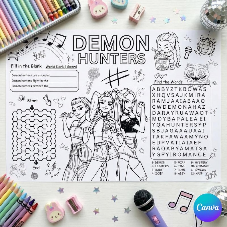 K-pop Demon Hunters Placemat, Printable Activity Sheet, Word Search ...