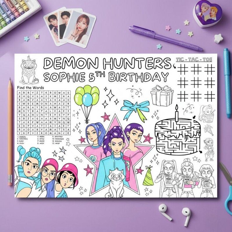 K-pop Demon Hunters Birthday Activity Sheet, Huntrix Theme Party Favor ...
