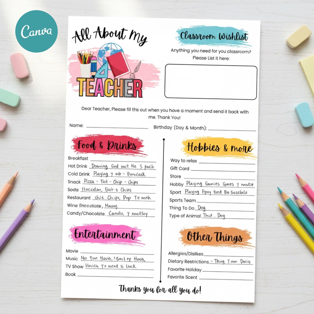 Editable Teacher Appreciation Activity Template, All About My Teacher ...