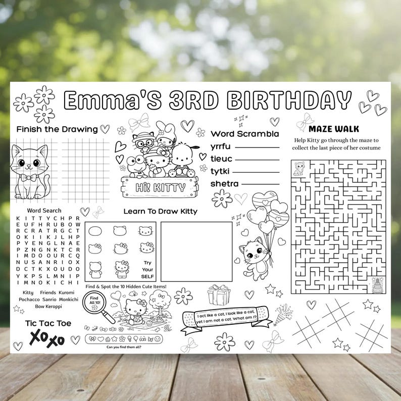 Editable Kids Activity Placemat Canva Template, Birthday Party Coloring ...