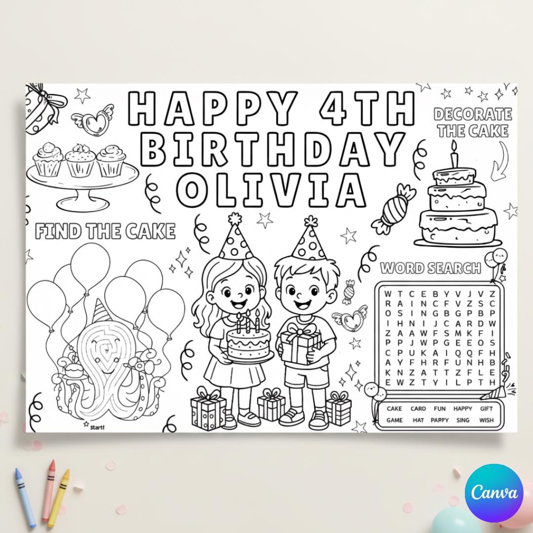 Editable Kids Birthday Activity Placemat Canva, Personalized Coloring ...