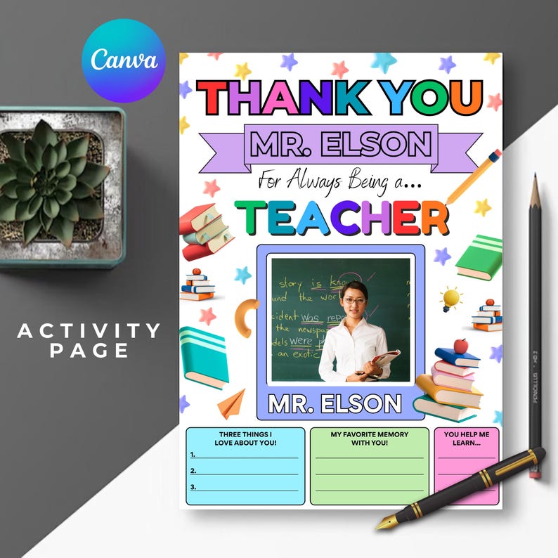 Editable Teacher Appreciation Card Canva Template, Thank You Teacher ...