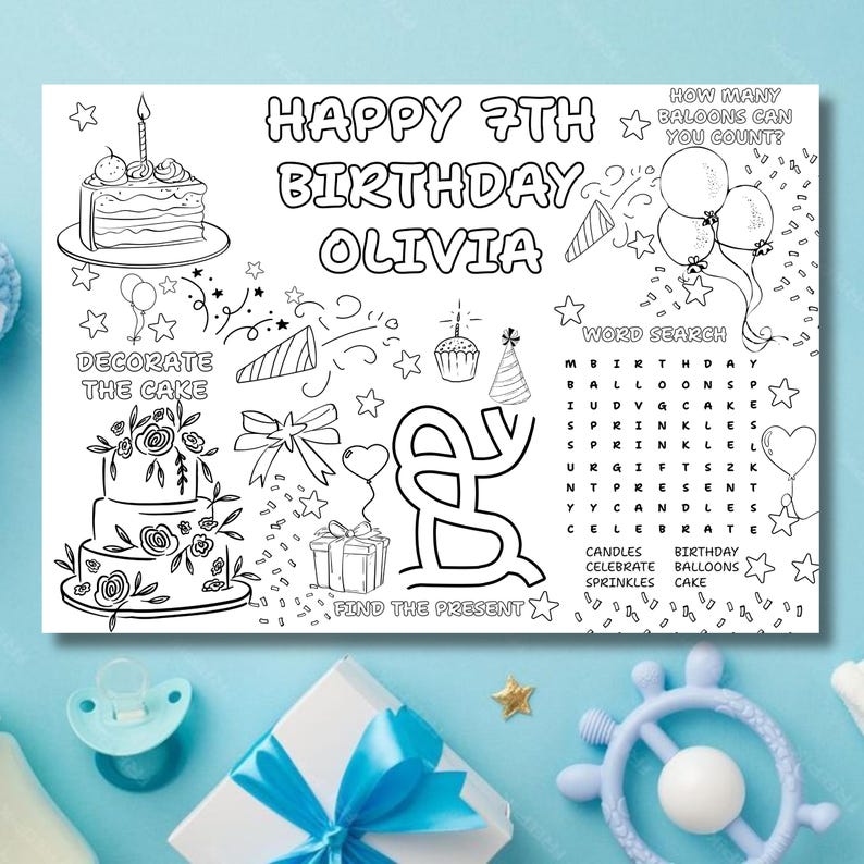 Editable Birthday Coloring Placemat Canva, Kids Party Activity Placemat ...