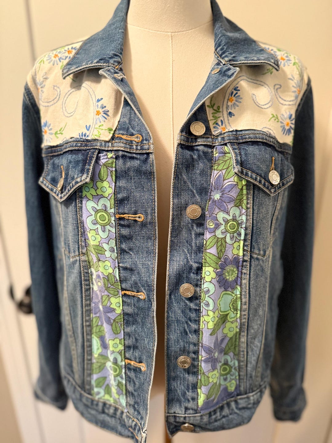 Denim Jacket With Vintage Linens and Embroidery - Etsy