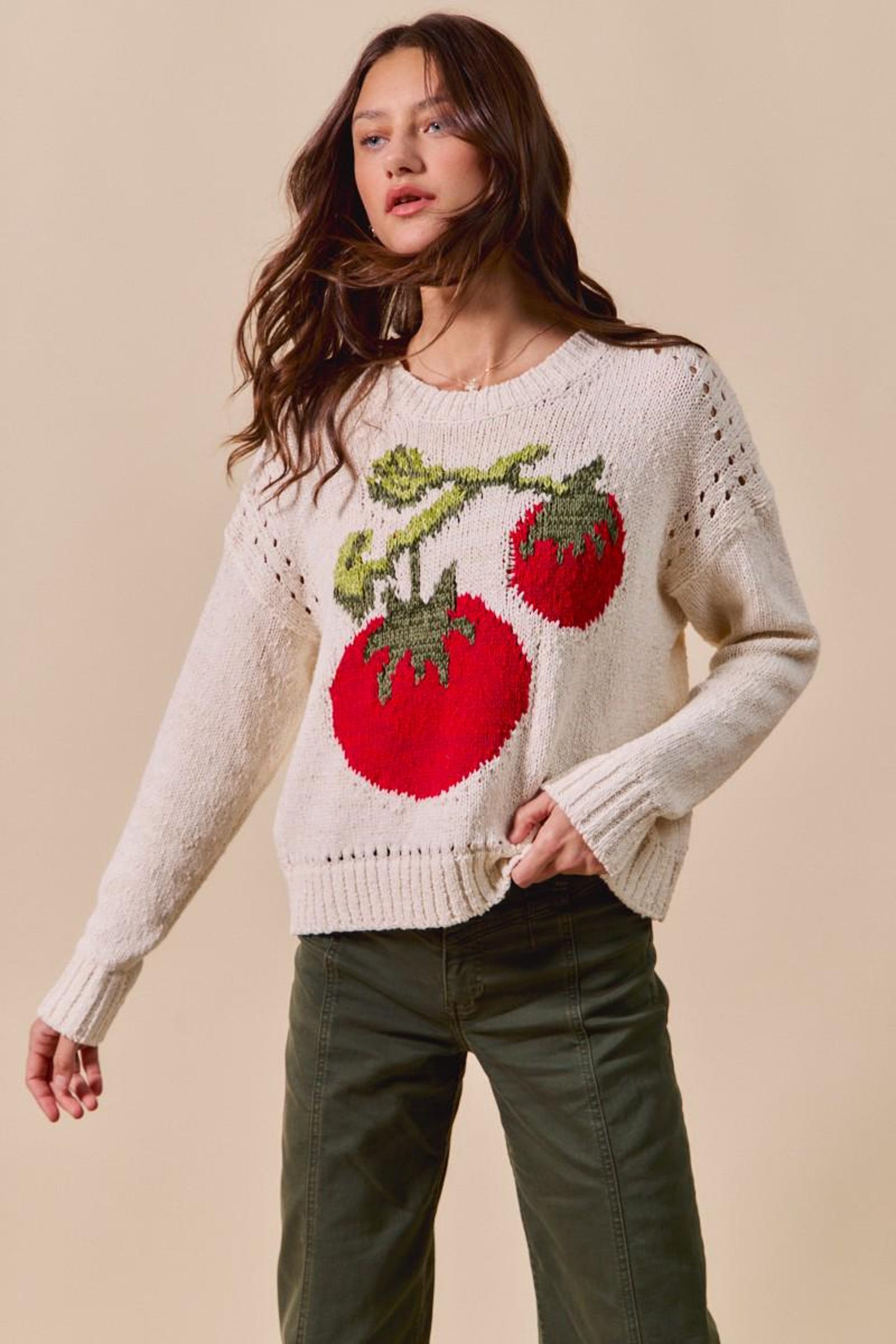 Women’s Knit Tomato Sweater: Cream Round Neck Graphic Pullover S-XL - Etsy