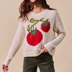 Women’s Knit Tomato Sweater: Cream Round Neck Graphic Pullover S-XL - Etsy