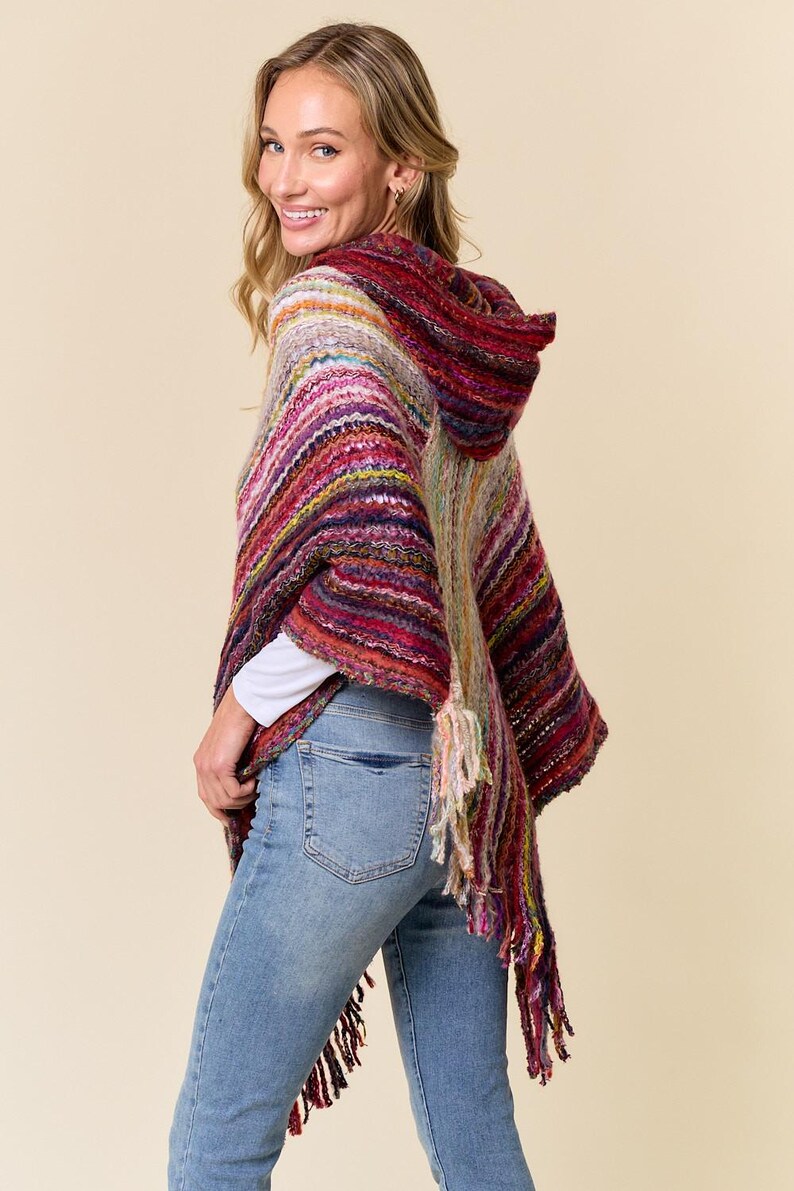 Multi-colored Striped Hooded Poncho - Lightweight Woven Acrylic Shawl ...