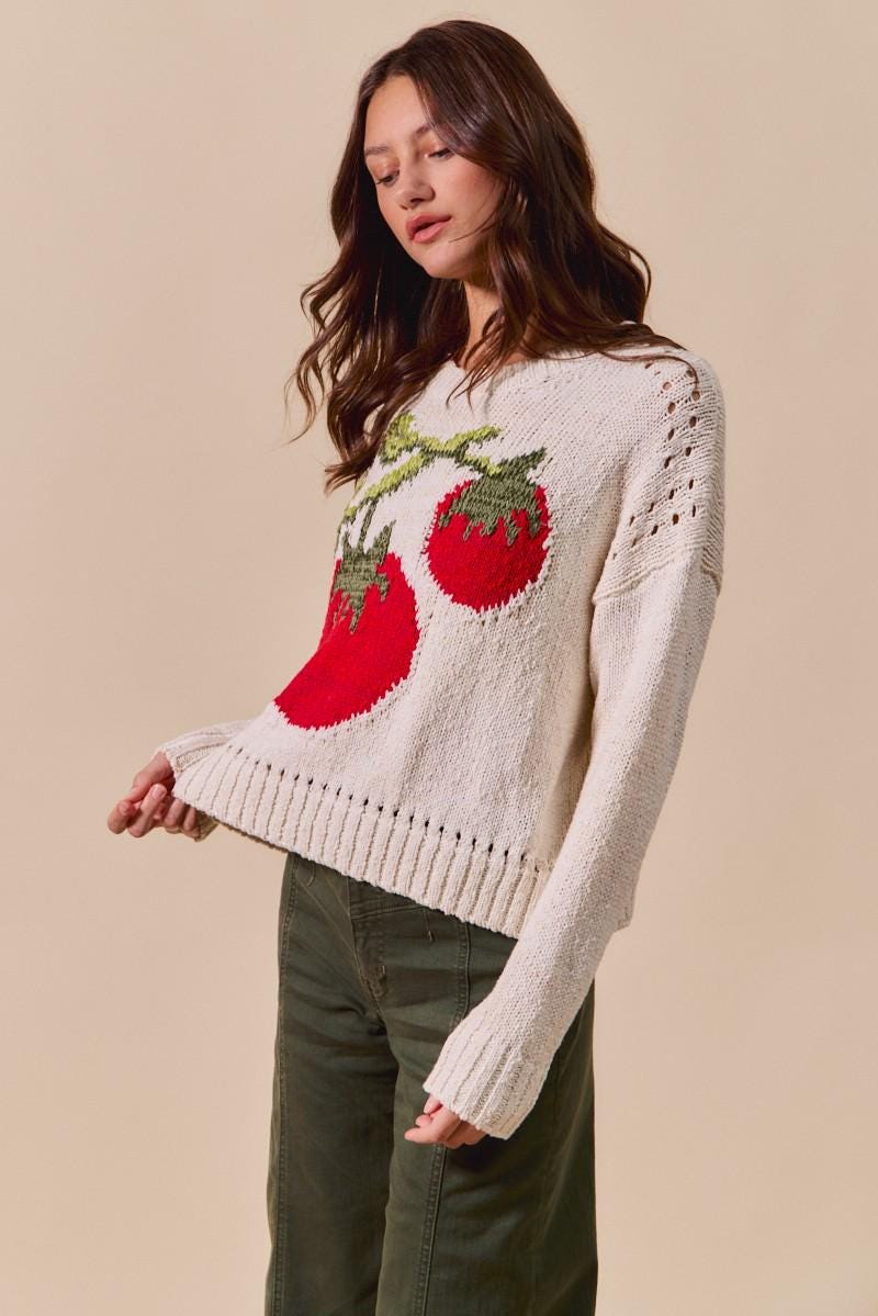 Women’s Knit Tomato Sweater: Cream Round Neck Graphic Pullover S-XL - Etsy