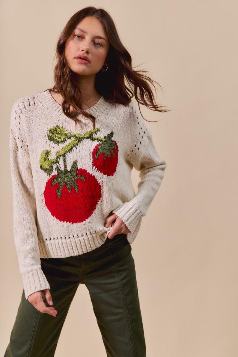 Women’s Knit Tomato Sweater: Cream Round Neck Graphic Pullover S-XL - Etsy