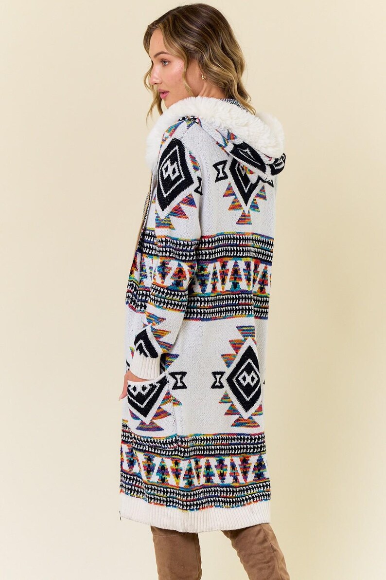 Rainbow Aztec Print Zip-up Cardigan: Faux Fur Lined Hooded Cardigan ...