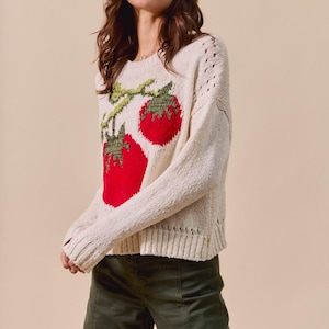 Women’s Knit Tomato Sweater: Cream Round Neck Graphic Pullover S-XL - Etsy
