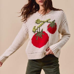 Women’s Knit Tomato Sweater: Cream Round Neck Graphic Pullover S-XL - Etsy