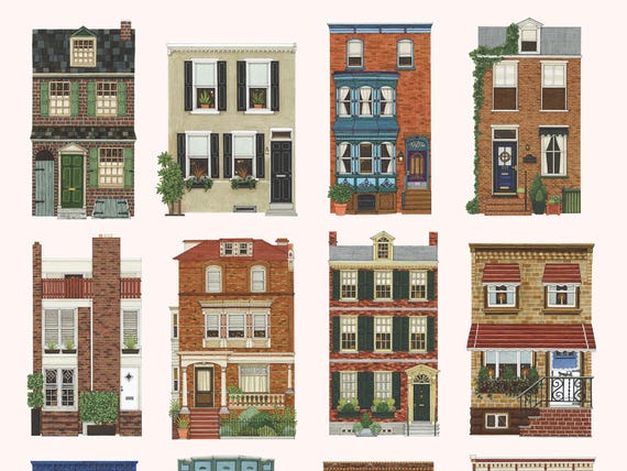 Philadelphia Row Houses In Watercolor Philadelphia Prints