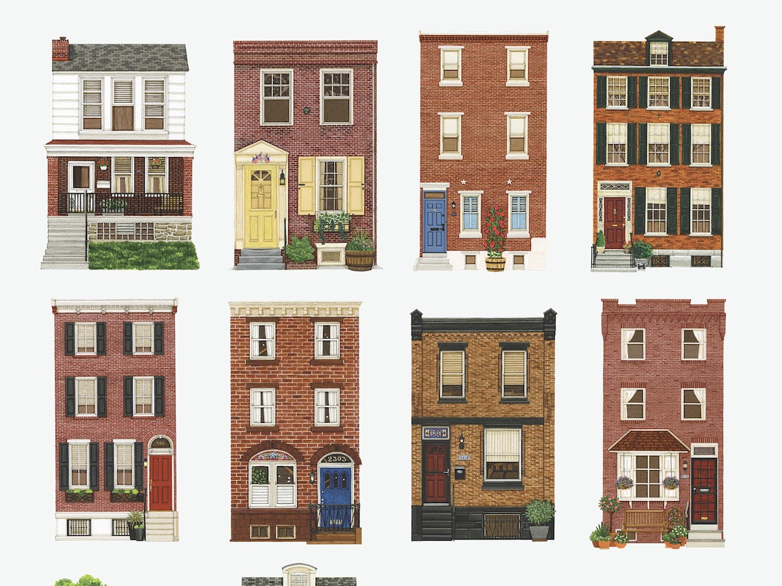 Philadelphia Row Homes, Row House Portrait Art, Philly Homes, Brick ...