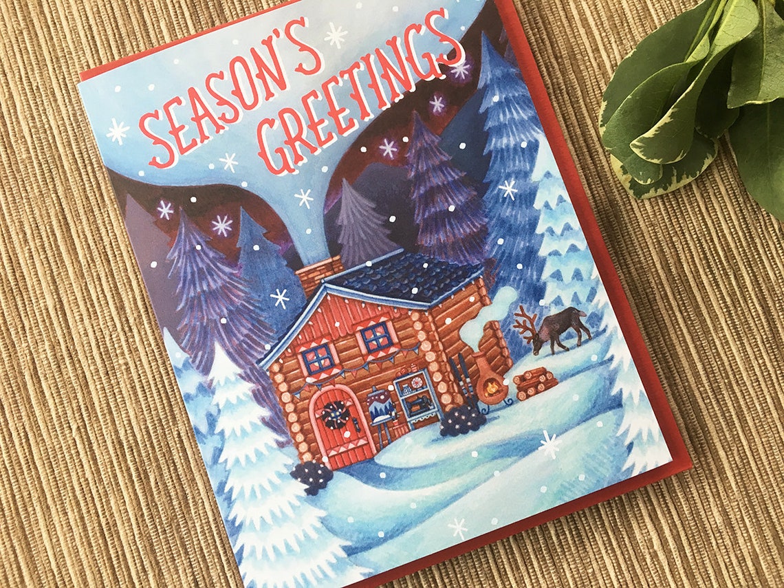 Holiday Cabin Christmas Cards Artist Cabin Holiday Cards | Etsy