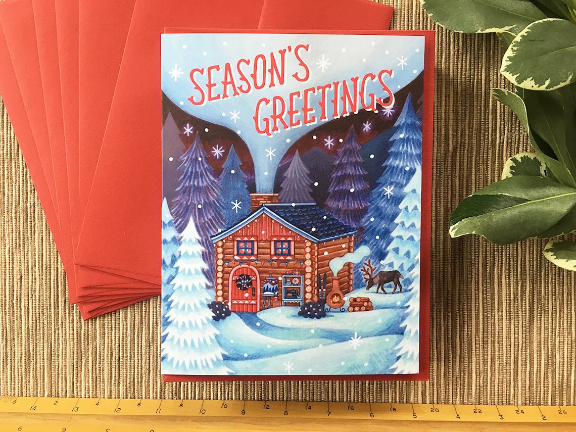 Holiday Cabin Christmas Cards Artist Cabin Holiday Cards | Etsy