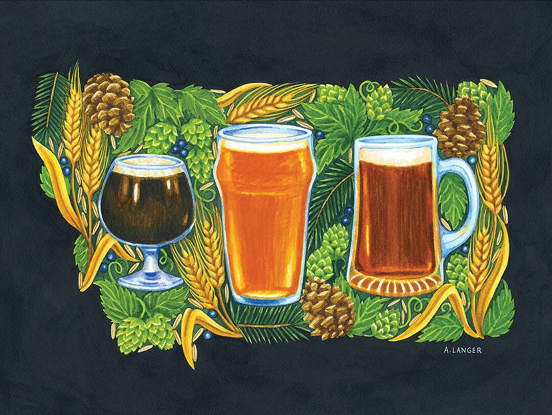 Montana Beer Poster, Montana Craft Beer, Hops Barley Pine Cones Wheat ...