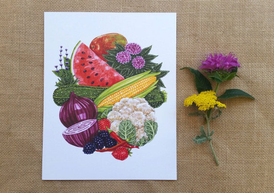 Fruit and Vegetable Harvest Print, Fruit & Veggie Print, Garden Art ...