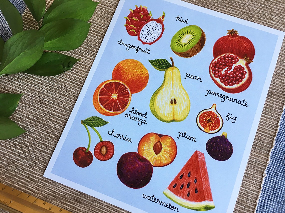 Illustrated Fruit Print, Fruit Art Print, Garden Art, Kitchen Art, 8 X ...