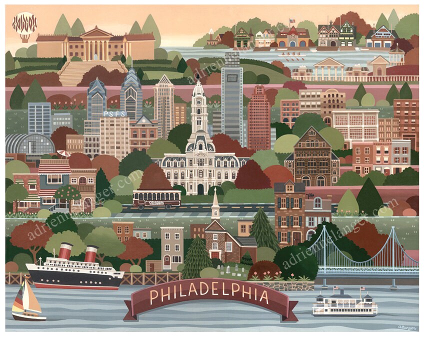 Illustrated Map of Philadelphia, Philly Skyline, City Hall, Vintage ...