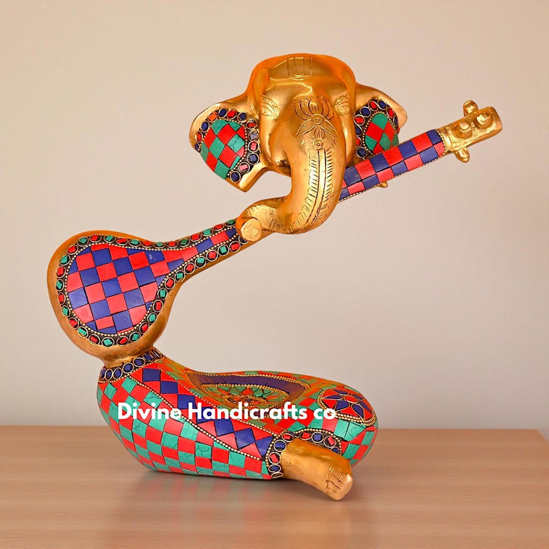 Brass Ganesha Idol Playing Veena | Stone Work Ganesh Statue | Musical ...