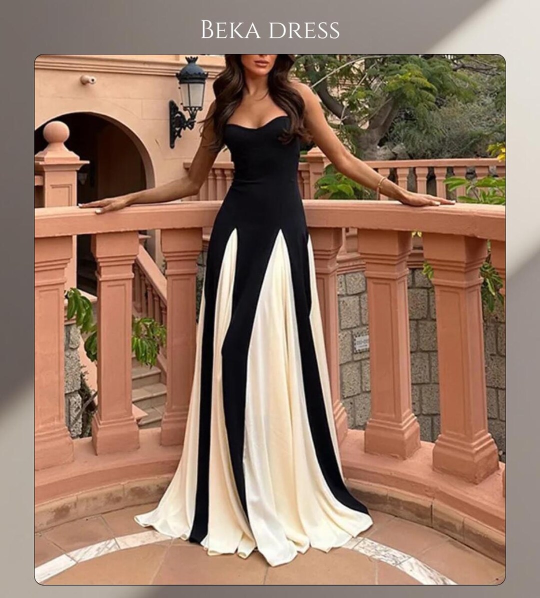 Elegant Black and Cream Colorblock Evening Gown With Flowy Silhouette ...