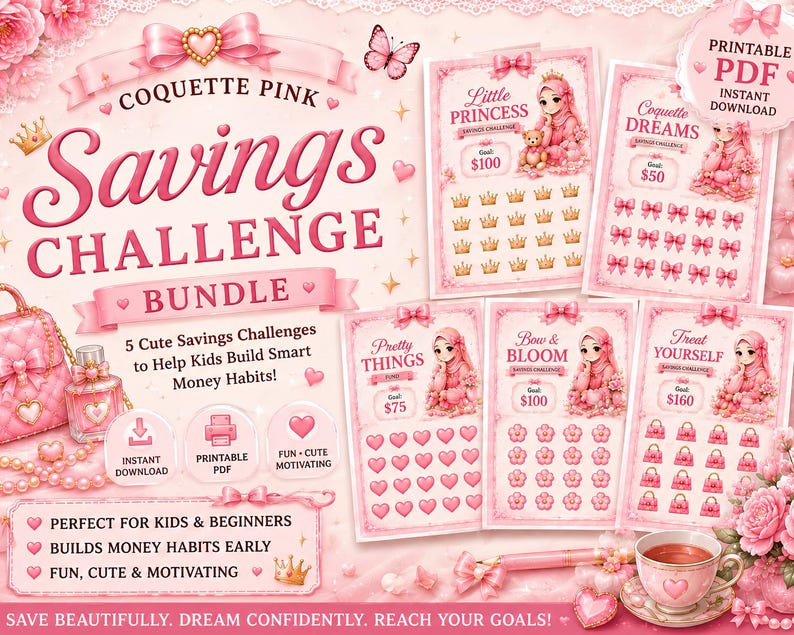 Coquette Pink Savings Challenge Bundle, Muslim Kids Money Tracker (PDF ...