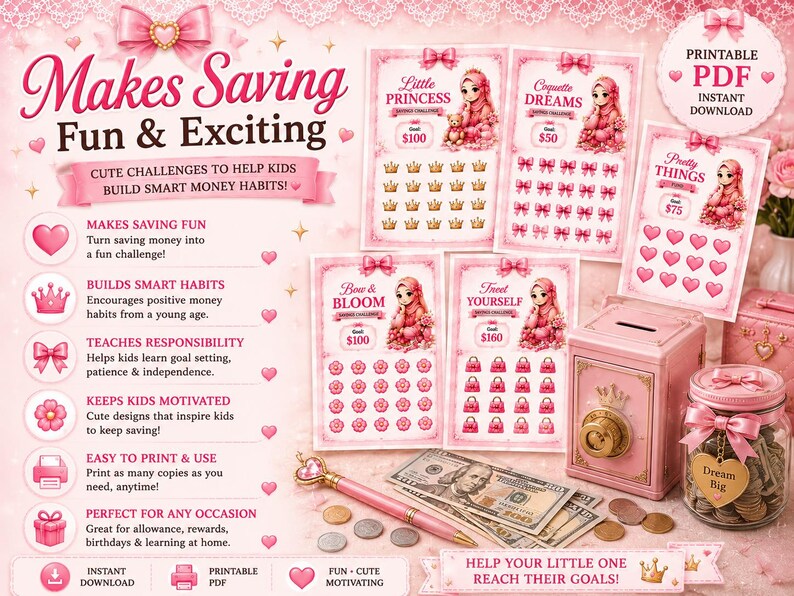 Coquette Pink Savings Challenge Bundle, Muslim Kids Money Tracker (PDF ...
