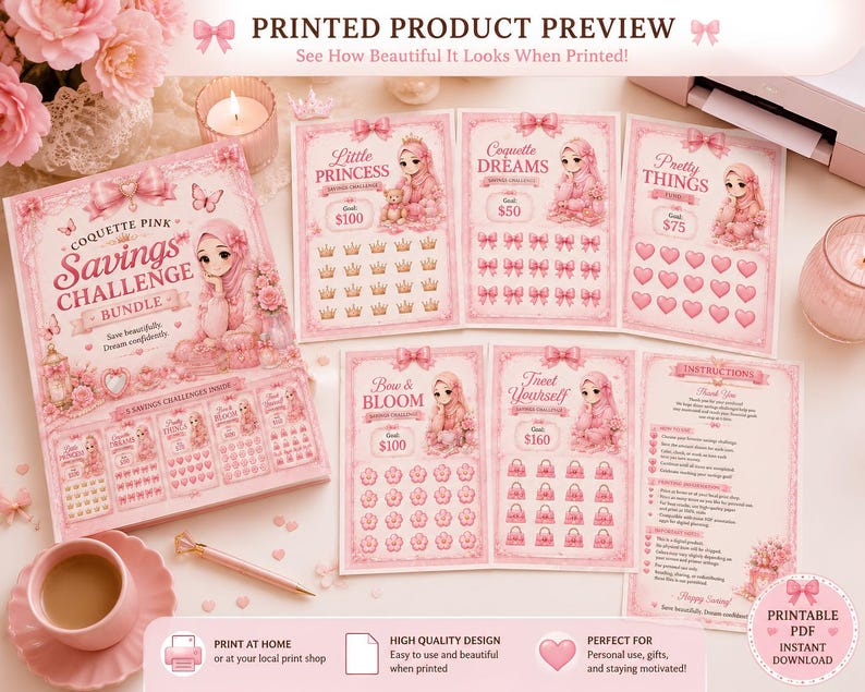 Coquette Pink Savings Challenge Bundle, Muslim Kids Money Tracker (PDF ...