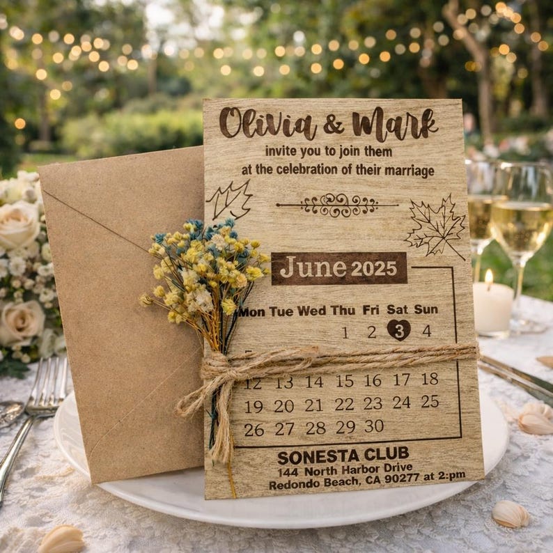 Rustic Wood-texture Calendar Wedding Invitation – Personalized Boho ...