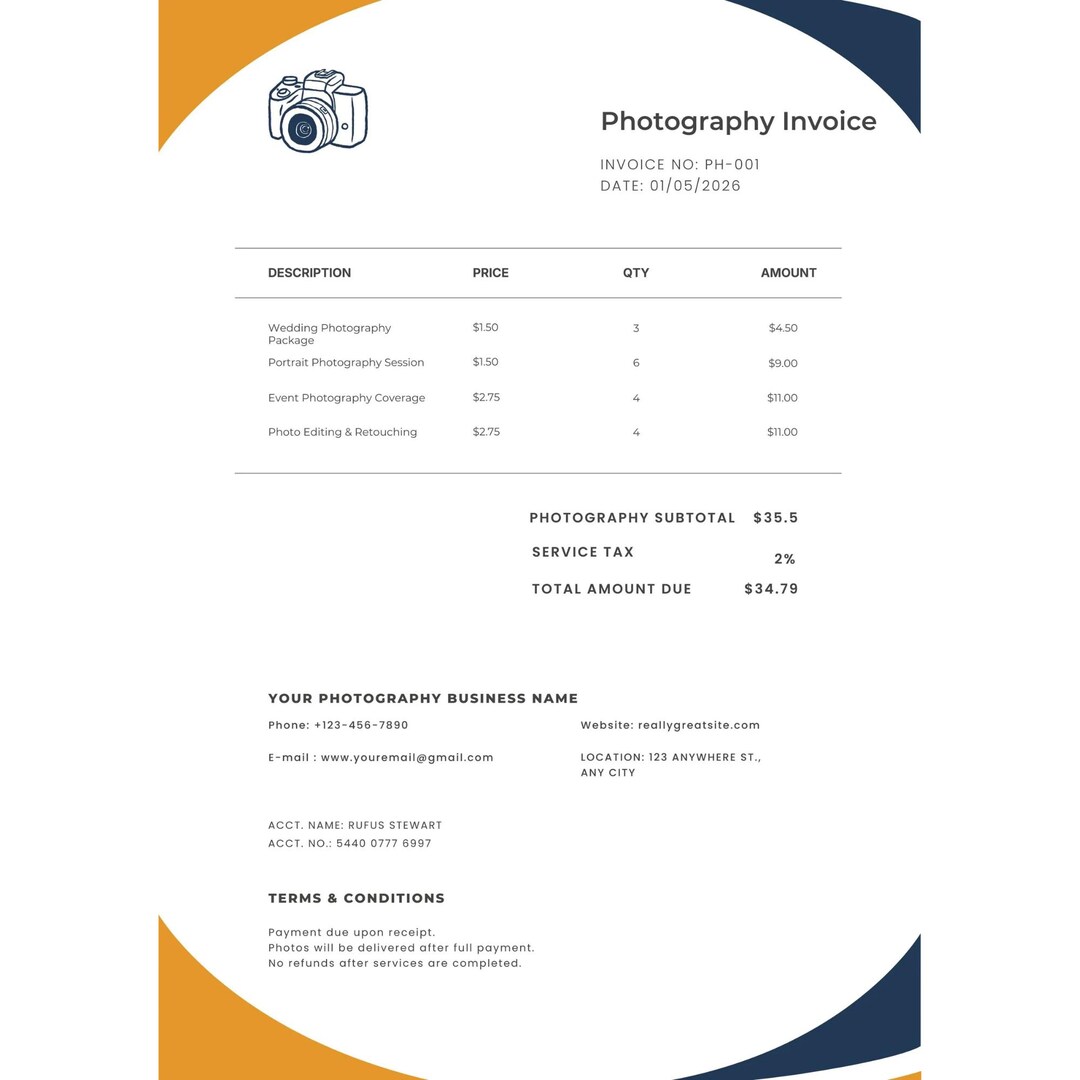 Photography Invoice Billing Document for Canva | Editable Payment File ...