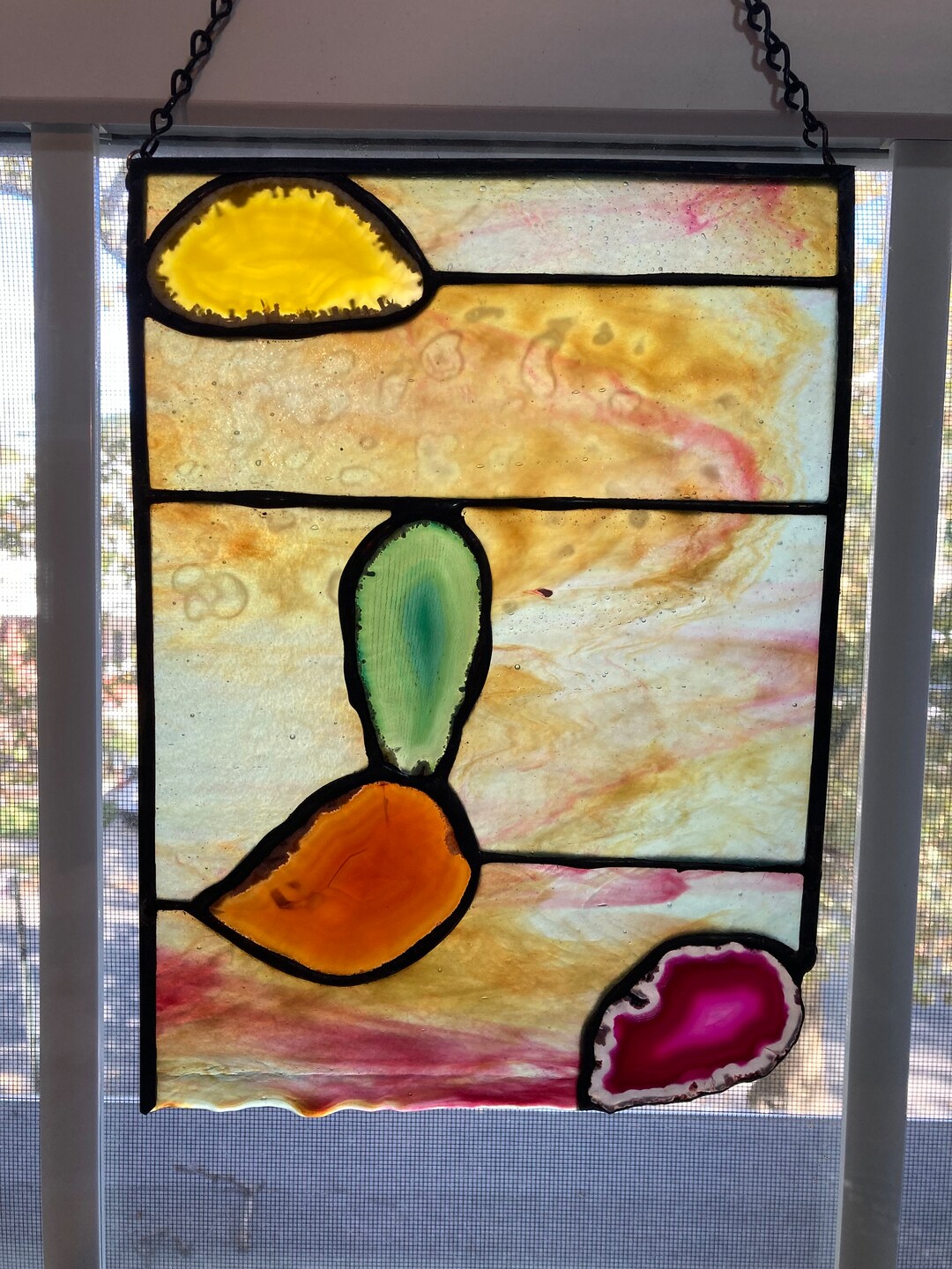 Stained Glass Autumn Abstract Landscape Panel With Agates - Etsy